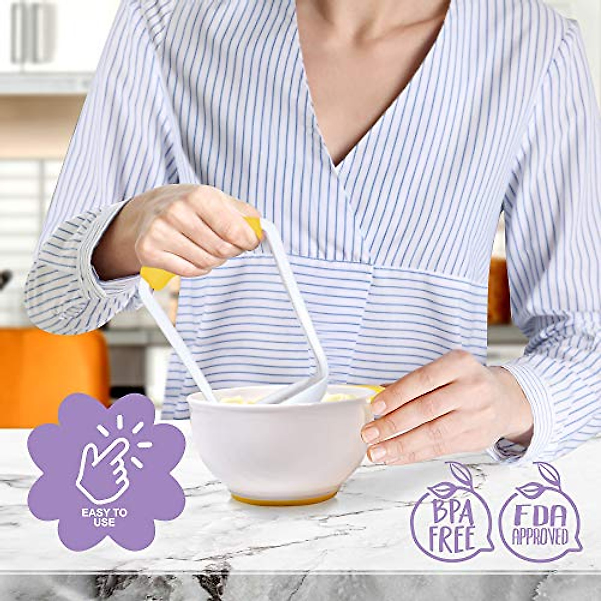 Baby Feeding Gift Set 8PC: Silicone Bib, Masher and Bowl, Spoon and Fork Set, Fruit Feeder with Rattle, Finger Toothbrush and Food Scissors by Bebe N Belle (Yellow)