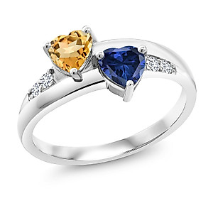 Gem Stone King 1.15 Ct Yellow Citrine Blue Created Sapphire 925 Sterling Silver Lab Grown Diamond Ring (Size 7)