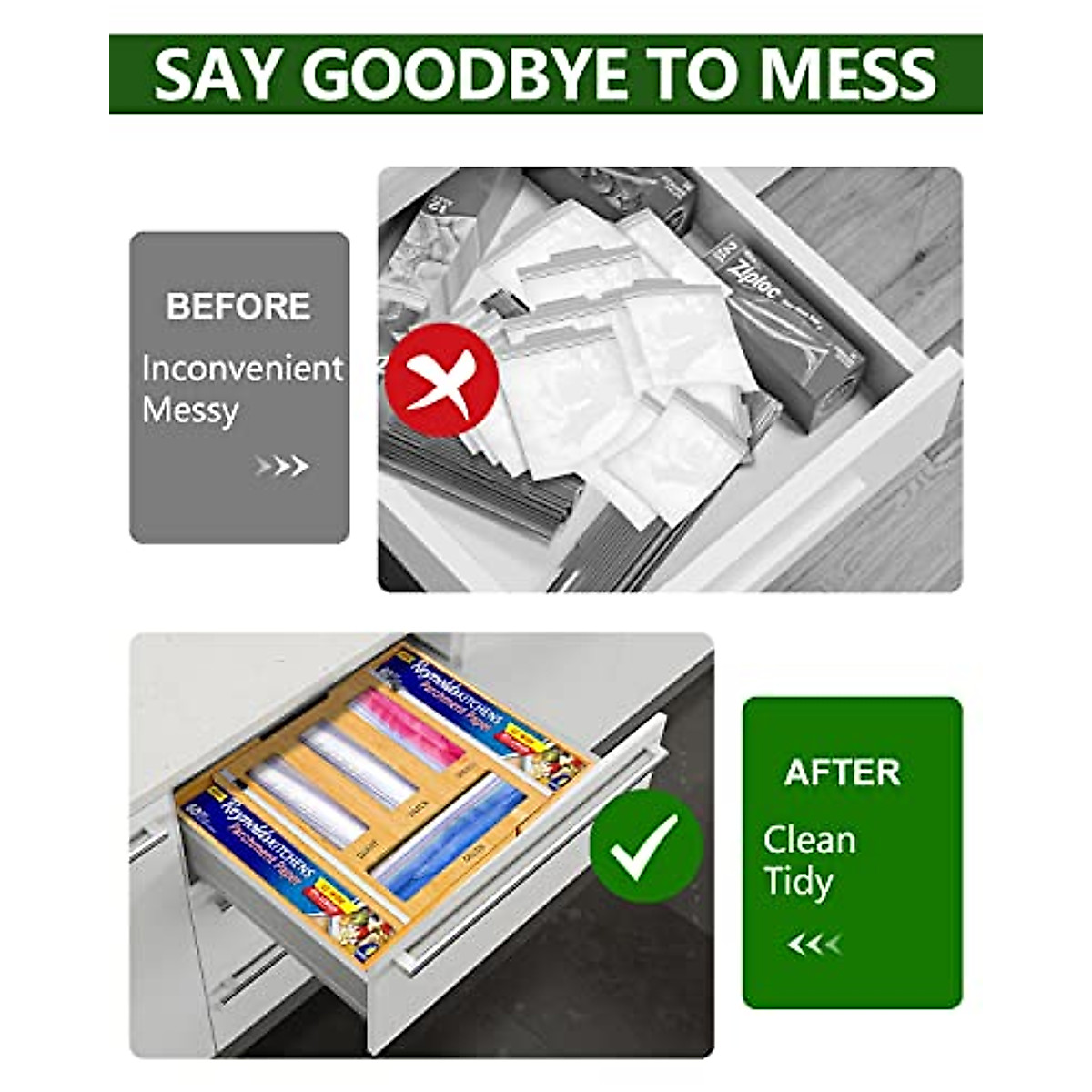 HikeSkyer Ziplock Bag Organizer, Plastic Wrap Dispenser with Cutter, 6-In-1 Expandable Kitchen Drawer Organizer, Compatible with Gallon, Quart, Sandwich, Snack Bag, Foil and Wax Paper