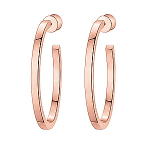 PAVOI 14K Rose Gold Plated Thin Square Edge Open Hoop Earrings for Women | Leightweight 30MM Diameter Hoops