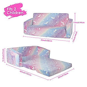 Kids Sofa Glow in The Dark Toddler Chairs Extra Wide 2 in 1 Fold Out Flip Open Baby Convertible Sofa to Lounger,2 Seats Soft Comfy Glowing Foldable Children Armchairs Kids Girls Boys Sofa Bed