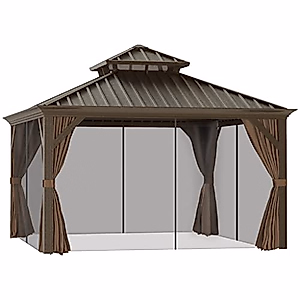ZZBJ 12'x12' Metal Roof Gazebo Canopy with Curtains and Netting, Outdoor Hardtop Gazebo with Aluminum Frame for Backyards