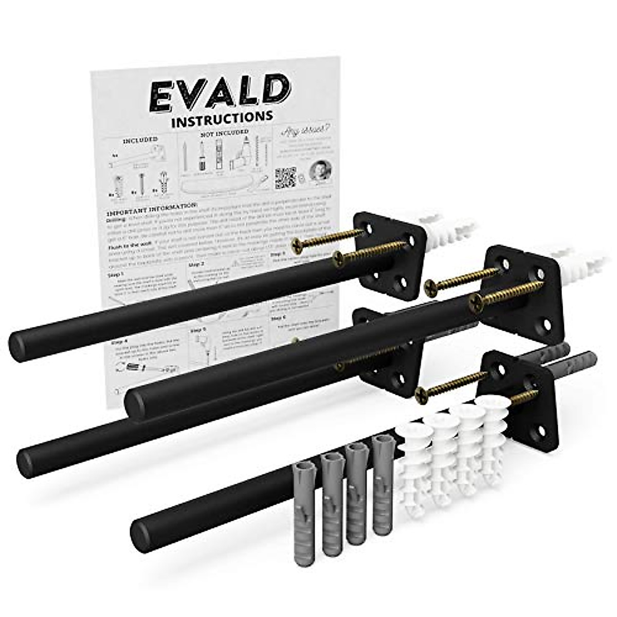 EVALD The Improved Floating Shelf Bracket | Heavy Duty Floating Shelf Hardware | 4X Floating Shelves Brackets ½" Diameter, 8X Premium Screws & 16x Anchors | Floating Mantel Bracket | 8 Inch