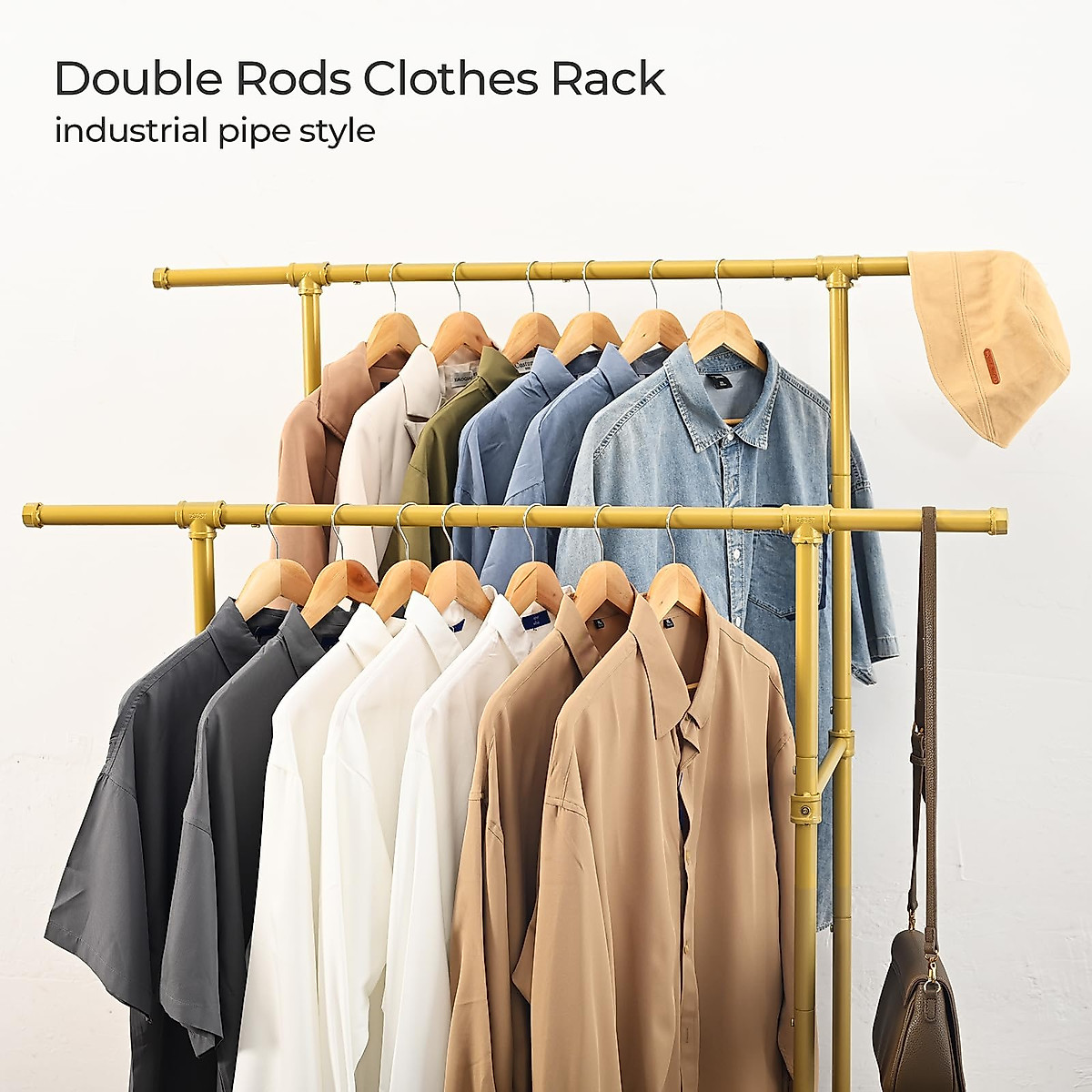 FOUCSSOMEI Heavy Duty Clothes Rack, Rolling Clothes Rack, Clothing Rack with Wheels,Clothing Hanger Organizer, Double Rod, Max 400Lbs, for Closet Bedroom Yard Sale, Commercial Grade, Gold