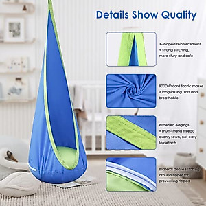 HITIK Kids Pod Swing Seat Holds Up to 300 LBS, Indoor Swing for Kids Hanging Hammock Chair with Upgraded Inflatable Cushion & All Accessories, Sensory Swing for Kids Indoor and Outdoor Use (Blue)