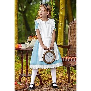 Halloween Child Girls Alice Outfit Puff Sleeve Casual Ruffle Trim Midi Dresses with Headband Blue 10 Years