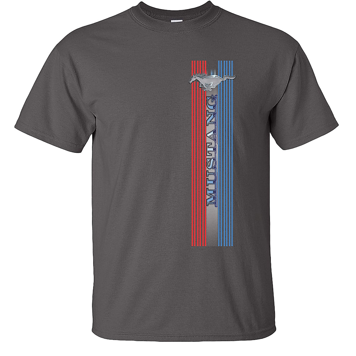 Fair Game Mustang Racing Stripe Ford T-Shirt 5.0 Patriotic Shelby Pony Tribar-Charcoal-XL