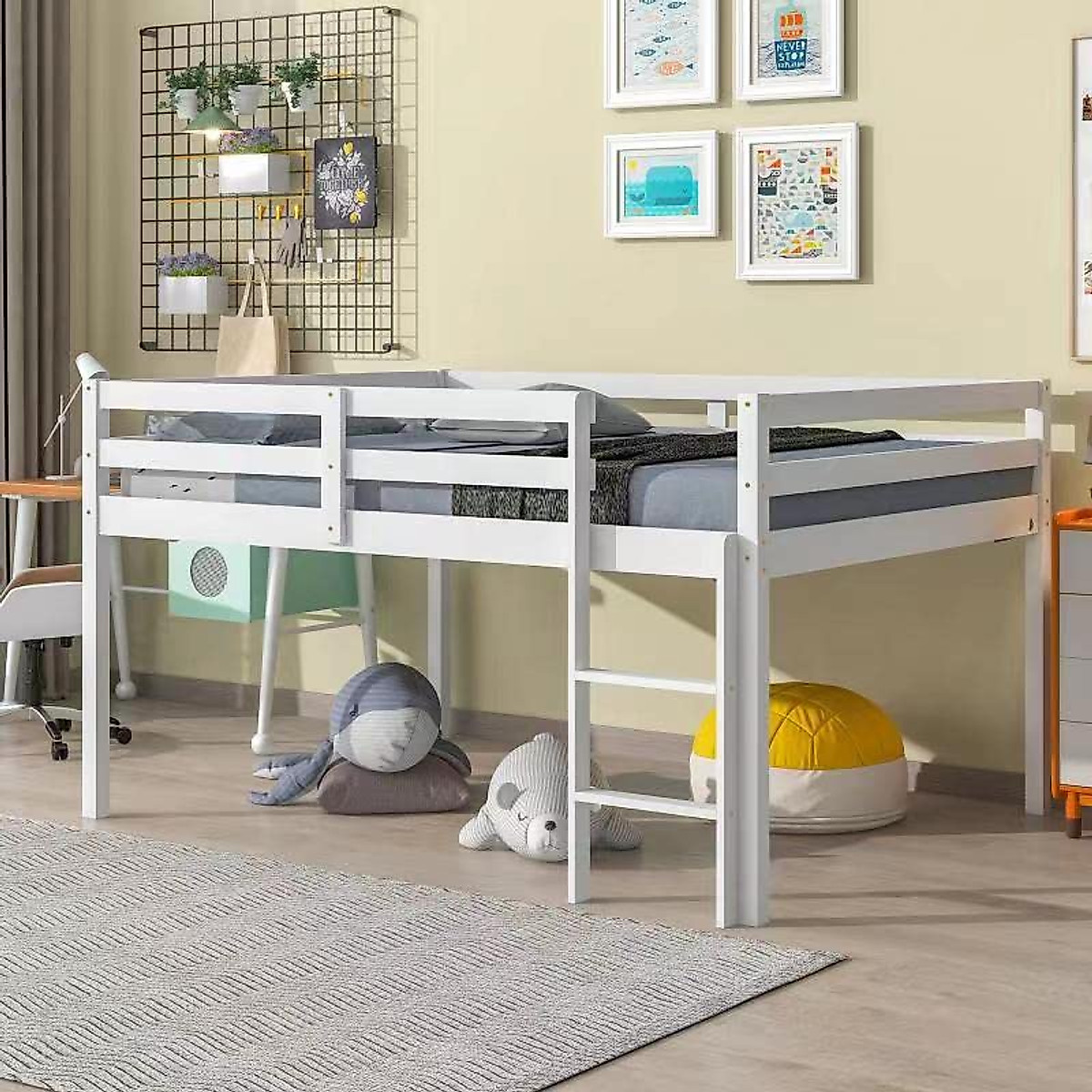 Harper & Bright Designs Low Loft Bed Full Size, Wood Loft Bed with Ladder, Full Loft Bed Frame with Safety Guardrail for Kids Teens Boys Girls (White, Space-Saving)