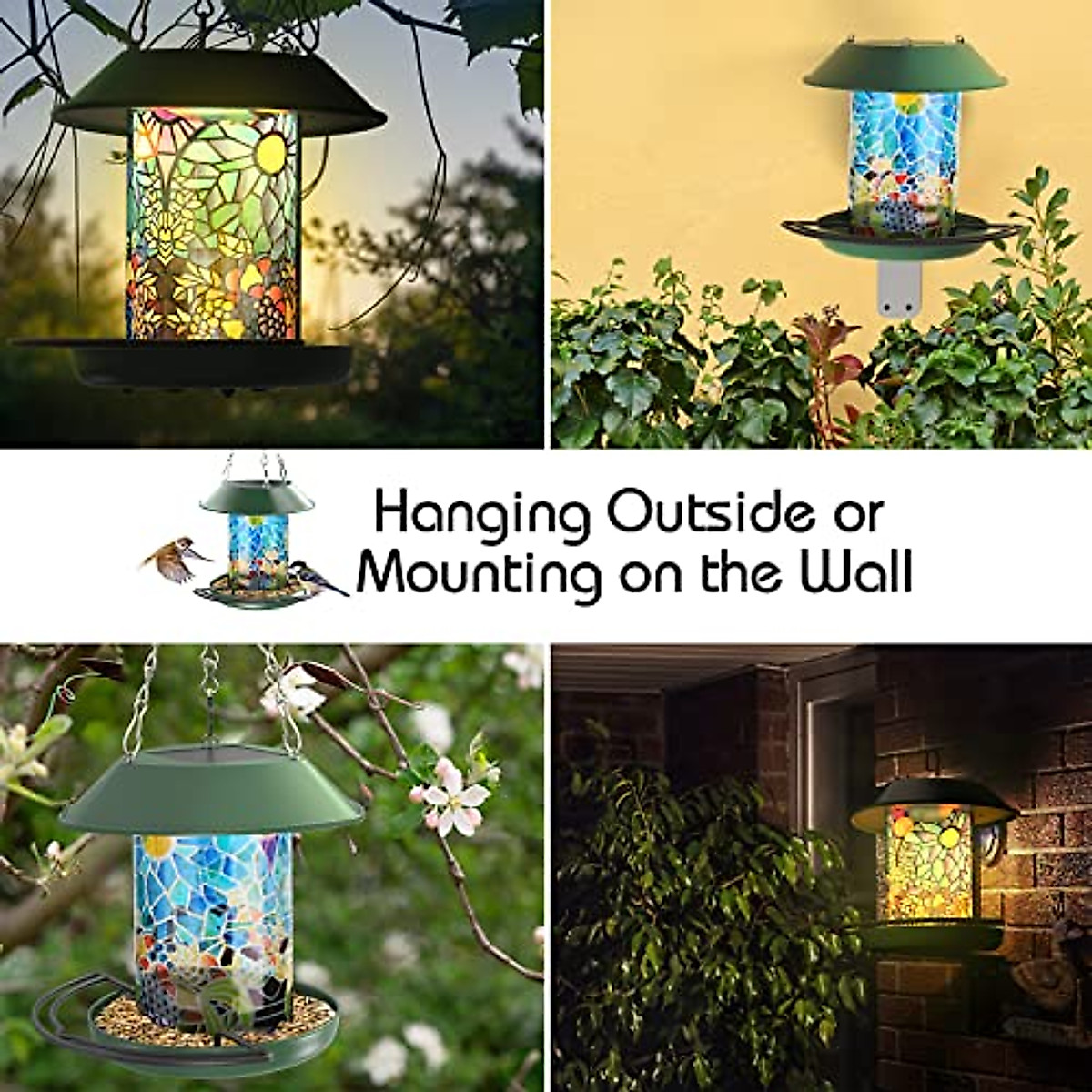 Solar Bird Feeder for Outside Hanging or Wall Mount, Waterproof Squirrel Proof Wild Birdfeeder Solar Powered Led Garden Backyard Lantern Decoration Light, Gifts for Bird Lovers