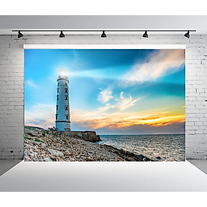 BELECO 7x5ft Fabric Seaside Lighthouse Backdrop for Photography Lighthouse Searchlight Beam Sunset Seascape Scenery Background Nautical Party Decorations Studio Booth Photo Props