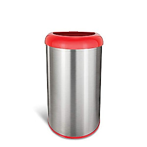 NINESTARS OTT-50-19RD Open Top Office Bathroom Trash Can, 13 Gal 50L, Stainless Steel Base (D Shape, Red Lid)