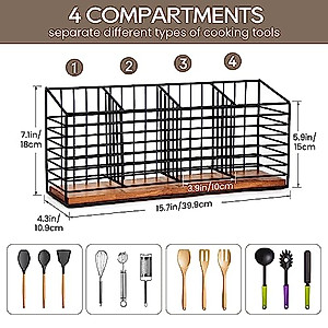 THYGIFTREE Large Utensil Holder for Kitchen Counter Black Metal Cooking Utensil Organizer for Countertop 4 Compartments Kitchen Tools Holder for Spatula Utensil Crock Caddy