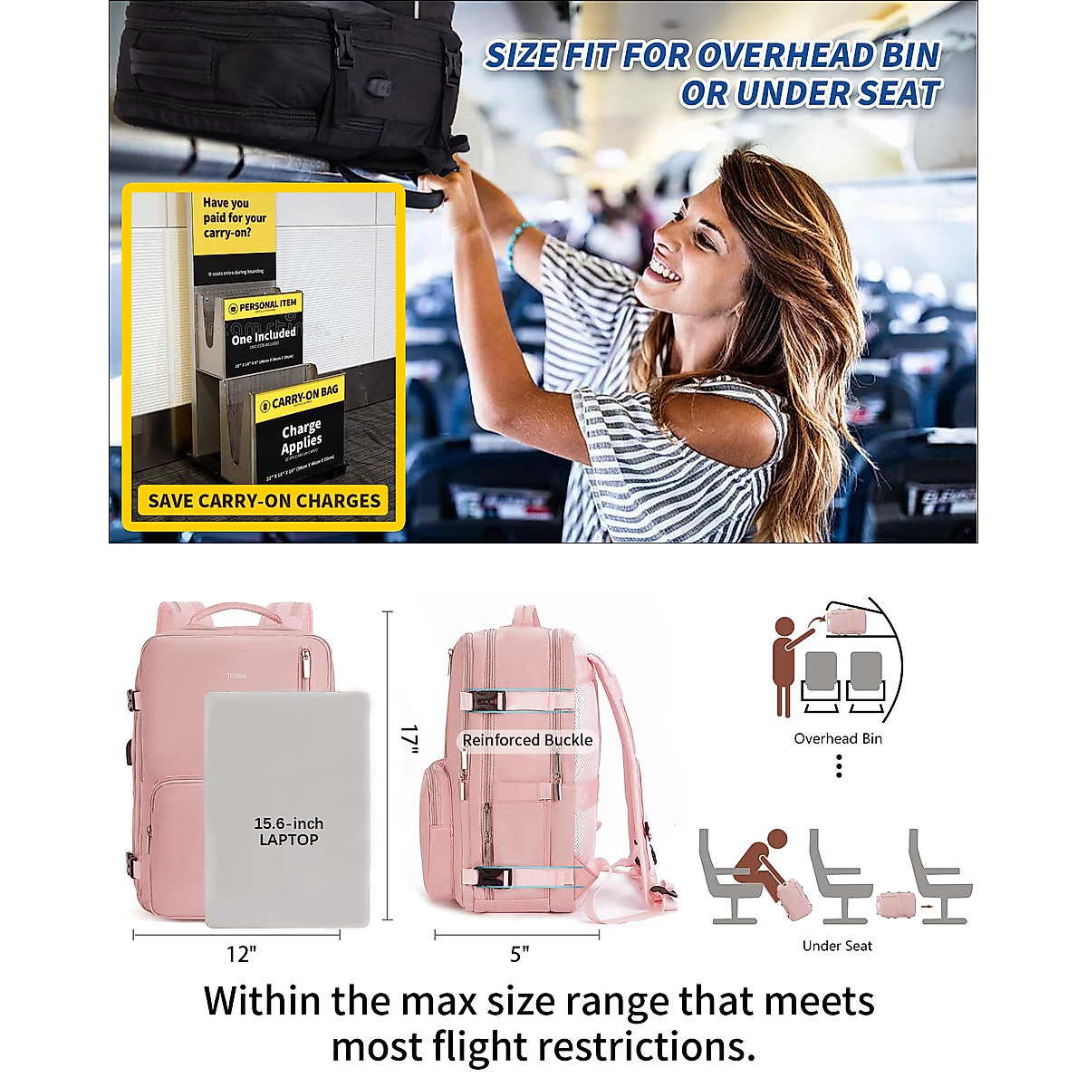Telena Travel Backpack for Women Large Carry On Backpack Airline Approved Personal Item Backpack with USB Charging Port Waterproof Casual Bag, Pink