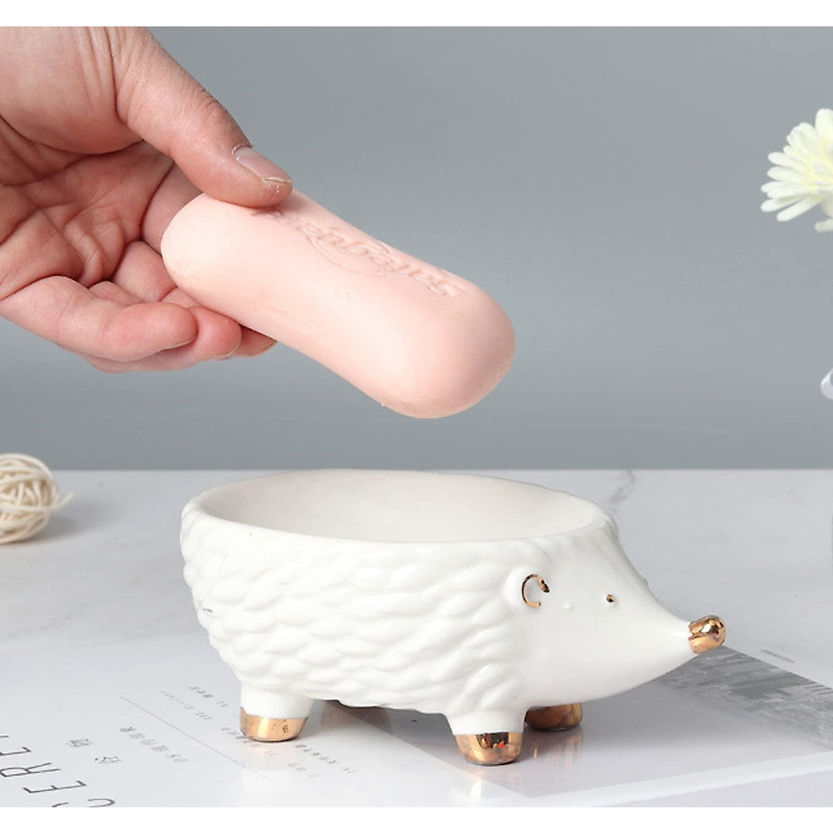 Ceramic Soap Dish with Drain, Hedgehog Toilet Soap Box, Ceramic Jewelry Tray, Funny Soap Storage Container for Shower Bathroom Kitchen Bathtub,White