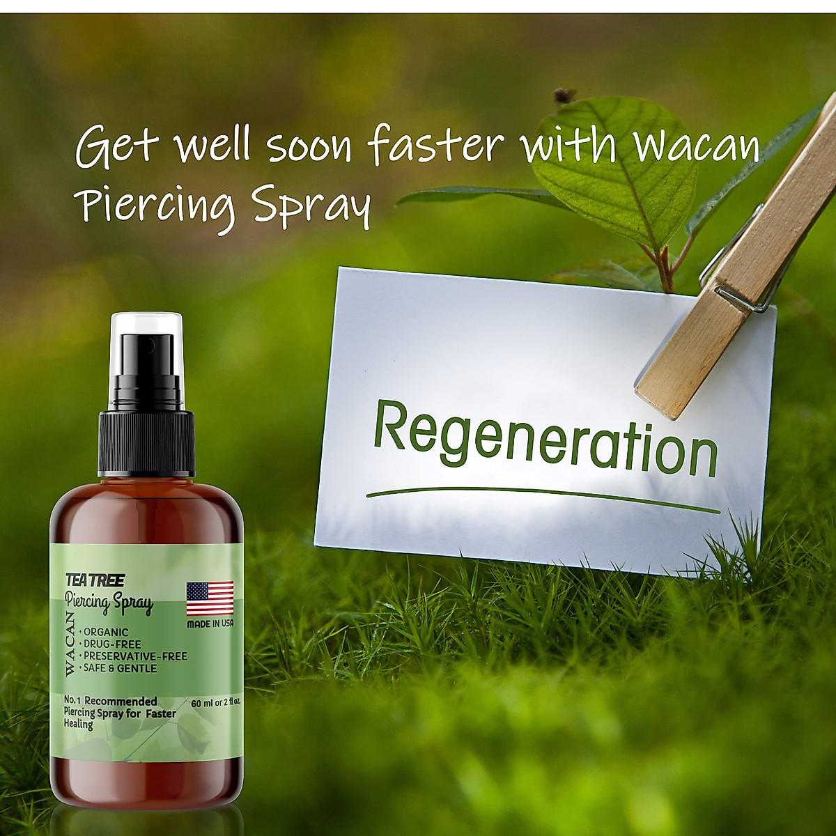 WACAN Fast-Healing Tea Tree Piercing Spray Solution Organic Essential Oil with Natural Sea Salts and Vitamins Solution Aftercare (4 OZ, Personal Size)