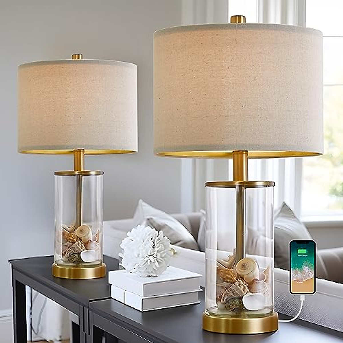 BOBOMOMO 20.2" Bronzer Table Lamp Set of 2 for Living Room Modern Lamp for Living Room Glass Nightstand Lamp with 1 USB Charging Ports, Nautical Lamp(Shell Not Included)