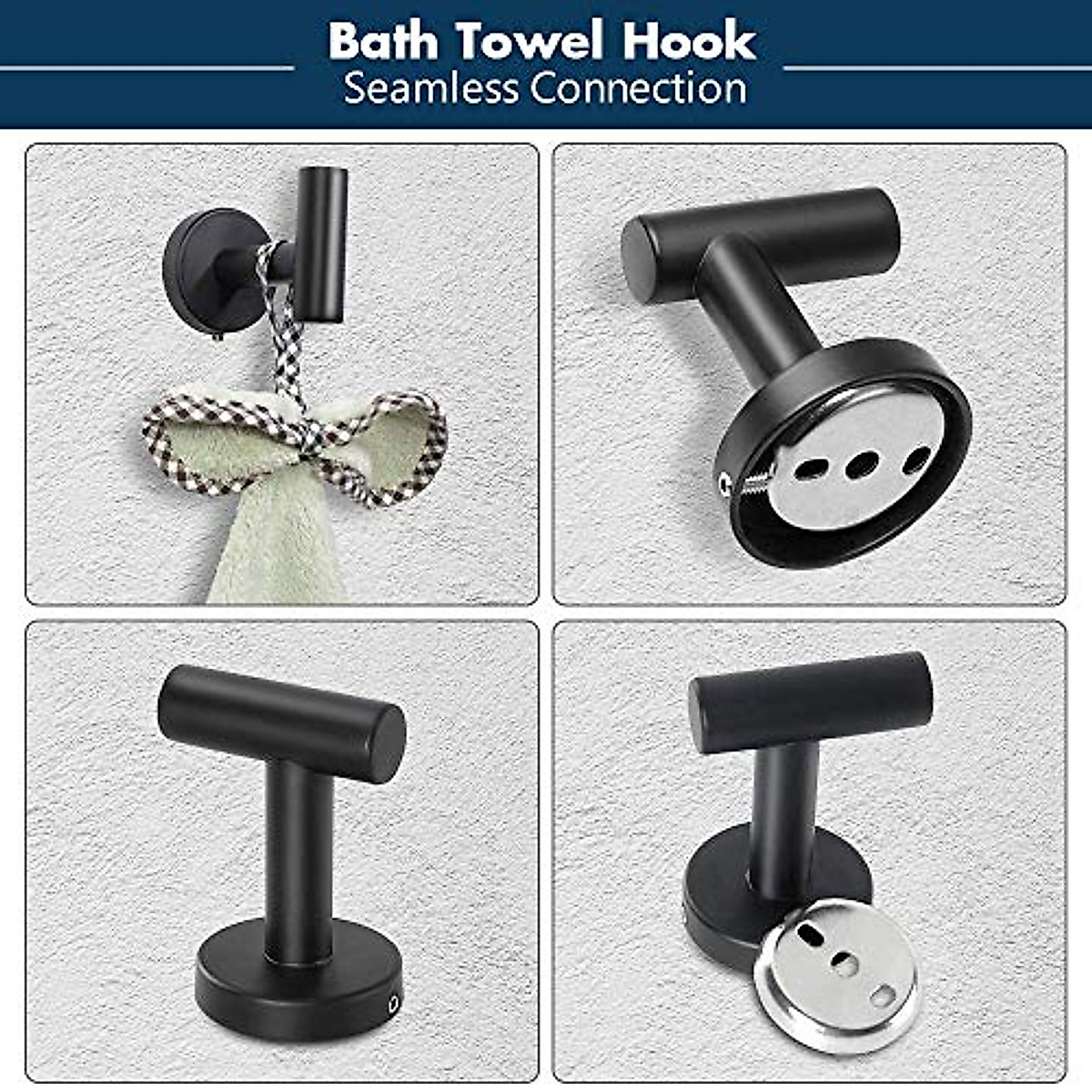 TocTen 16 inch Towel Rack for Bathroom + 4 Pack Towel Hooks Wall Mounted, Made of Thicken SUS304 Stainless Steel Material (Matte Black)