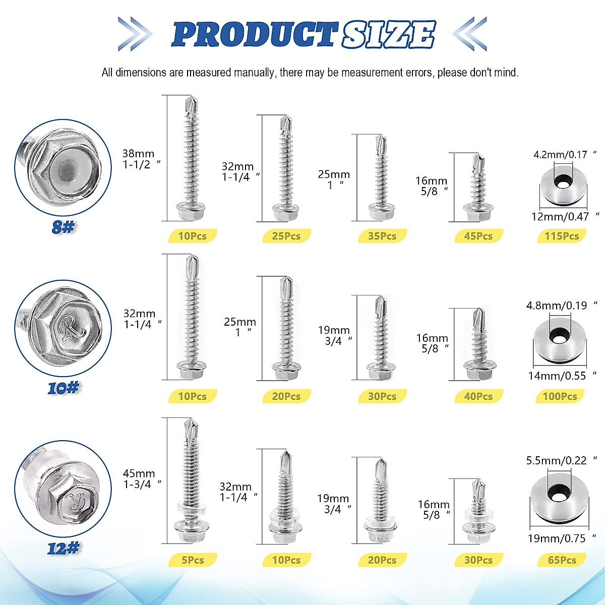 Glarks 560Pcs 410 Stainless Steel Hex Washer Head Sheet Metal Tek Self Drilling Screws and 304 Stainless Steel EPDM Bonded Sealing Washers Assortment Kit for Furniture Building Appliance Repair