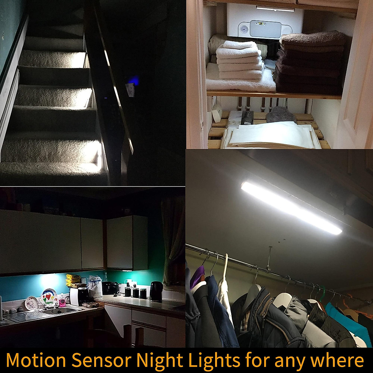 MOSTON Motion Sensor Closet Lights, 3 Pack 20 LED Cordless Under Cabinet Lighting with Built-in Rechargeable Battery, Stick-on Anywhere Magnetic Night Lamp for Cupboard Cabinet Kitchen Stairs