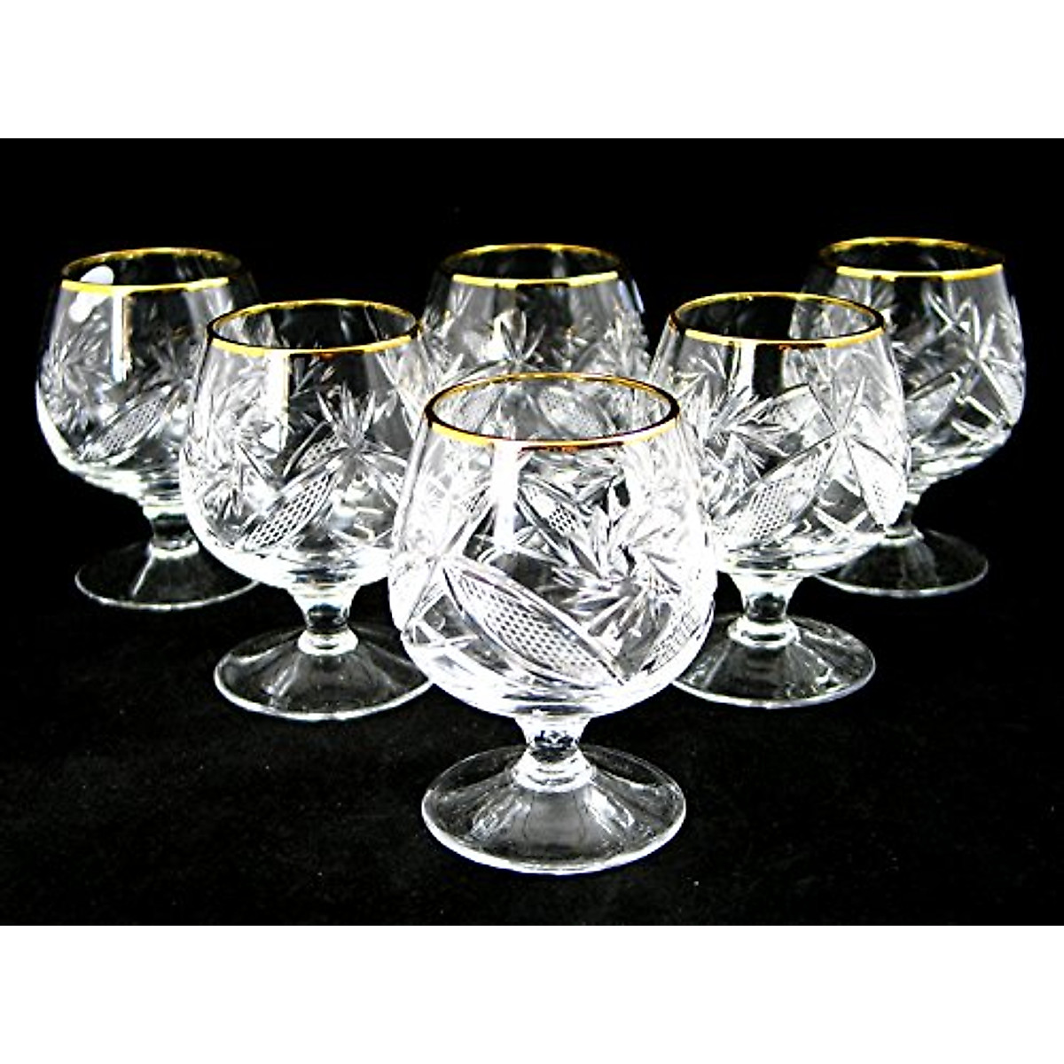 SET of 6 Russian Cut Crystal Stemmed Snifter Goblet for Cognac Scotch Whiskey, 24K Gold Rimmed 7 Oz. Glass, Vodka Liquor Old-fashioned Glassware, Hand Made