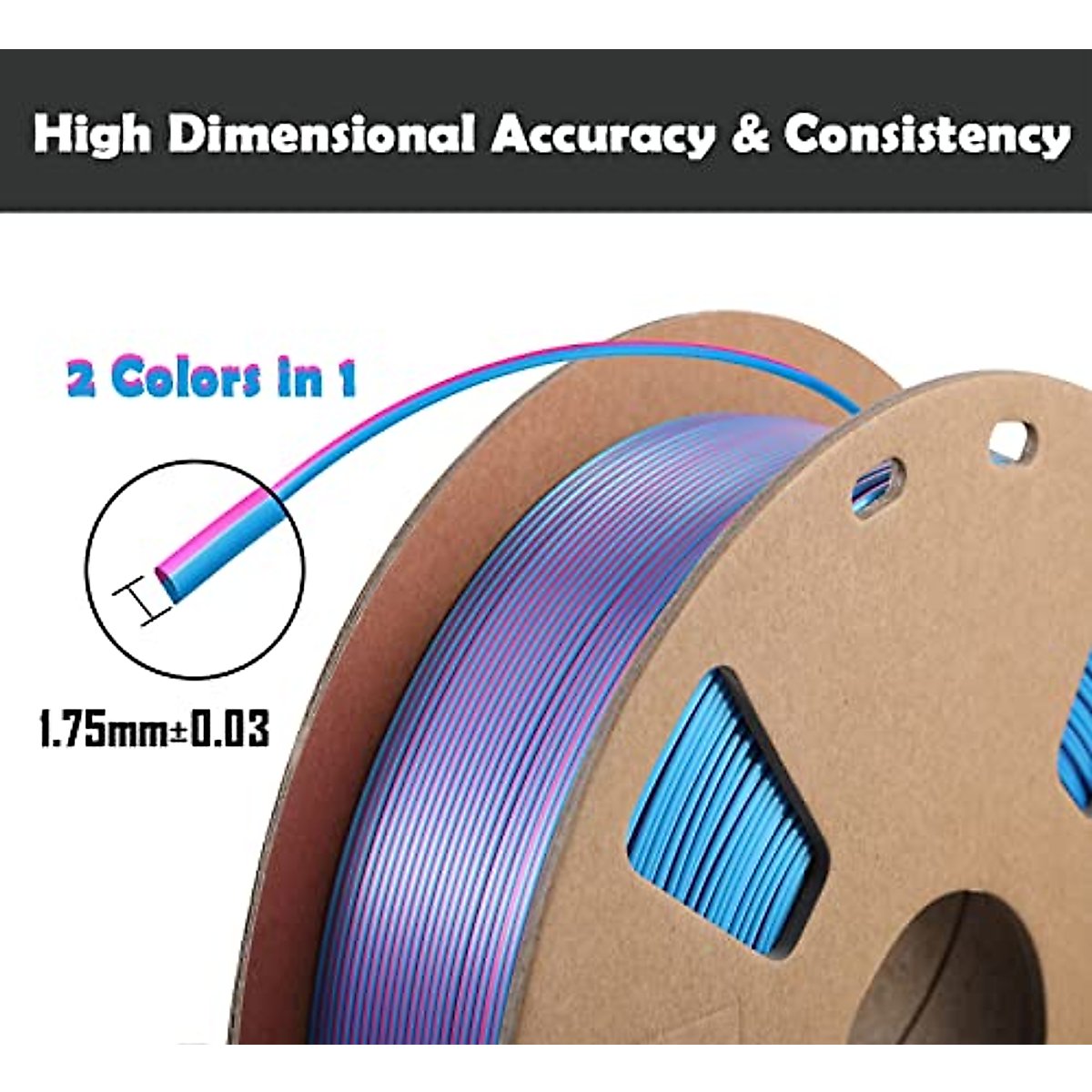 PLA 3D Filament, DB PLA Filament 1.75mm Accuracy +/- 0.03 mm Fit Most FDM Printer，2 Colors in 1 Dual Color Co-Extrusion 3D Filament 1kg Filament (2.2lbs)