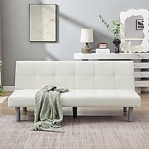 Eafurn Faux Leather Convertible Futon Sofa Adjustable Sleeper Couch Modern Home Recliner Reversible Loveseat Folding Daybed Guest Bed Small Sofabed with Metal Legs for Dorm, Apartment, Beige 66.92"