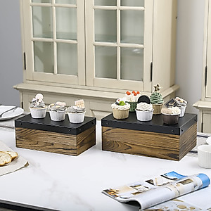 MyGift Solid Burnt Wood Cupcake Holder Cake Stand with Black Metal Top, Decorative Buffet Desserts and Appetizer Server Display Riser, Set of 2