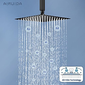 Airuida Matte Black Shower Faucet Set 12 Inch Square Shower Head and Handle Set Single Function Shower Trim Kit Ceiling Mount Bathroom with Male Threads and Rough-in Valve