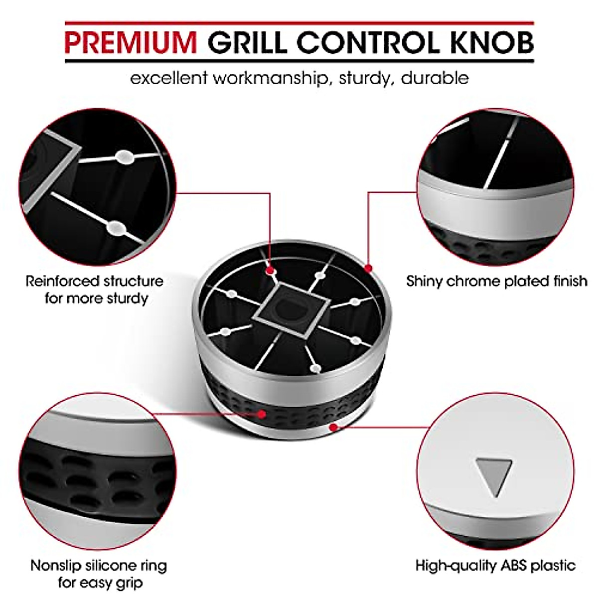 Unicook Grill Control Knob, 4 Pack Gas Burner Replacement Knobs, Chrome Plated Plastic with Nonslip Grip, Fits BBQ Gas Grills with D Shaped Valve Stem, Including 4 Knobs and 12 Adaptors