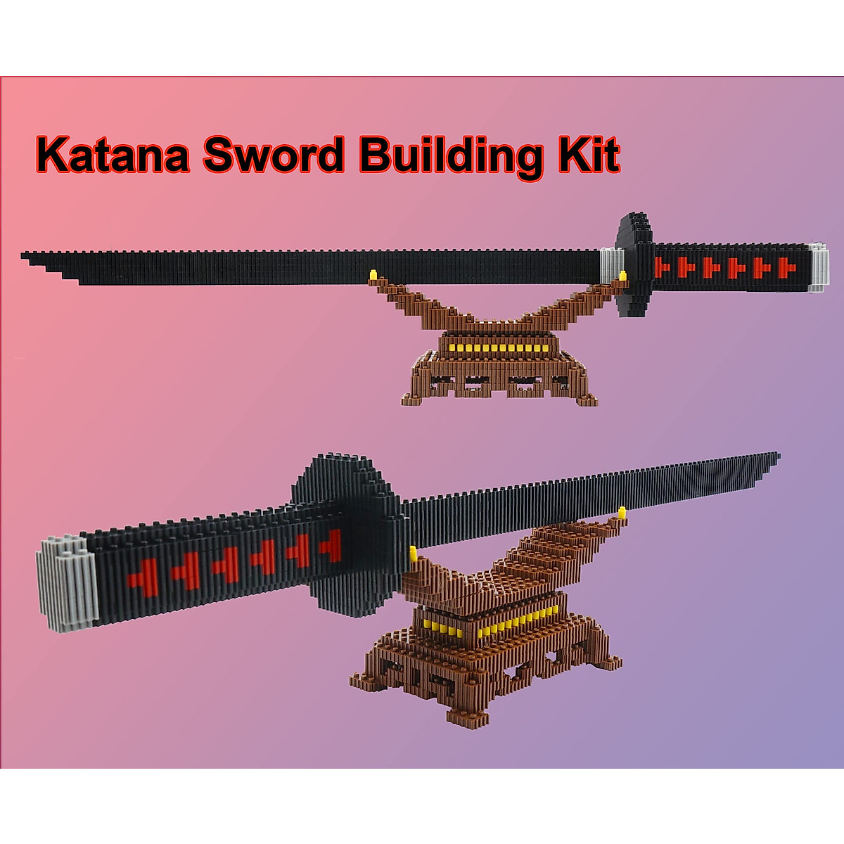 Demon Slayer Sword Building Kit, 19in Cosplay Anime Tanjiro Samurai Swords Building Blocks with Sword Stand, Demon Slayer Katana Swords Model Building Toy Gift for Kids, Adults