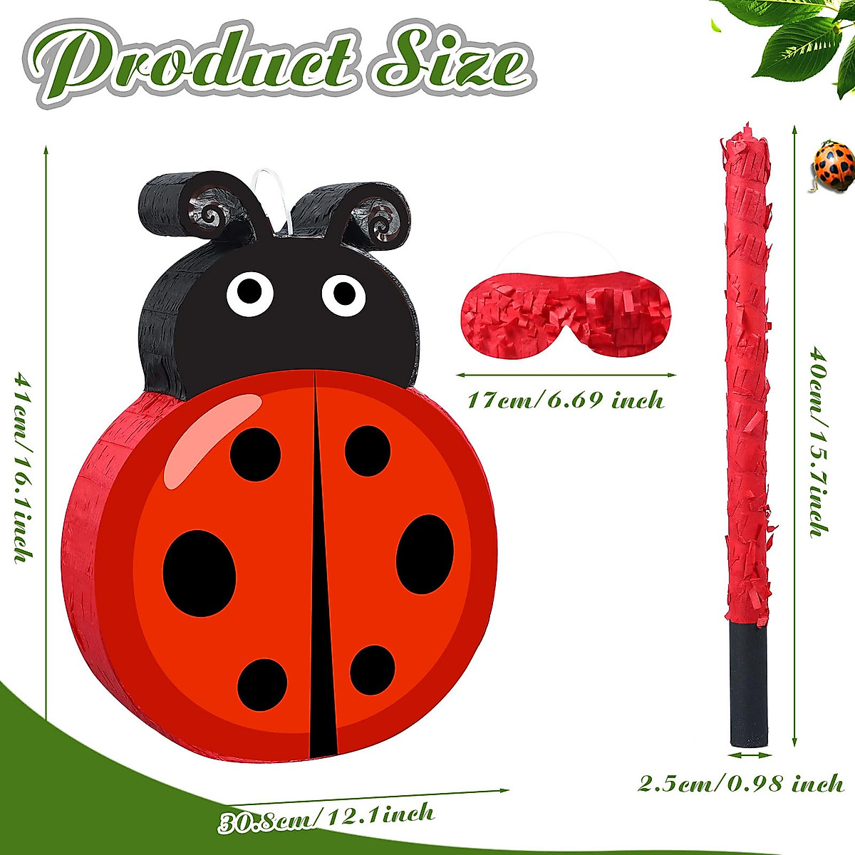 Pasimy Ladybug Piñata with Blindfold Bat Confetti Ladybug Party Decorations Ladybug Birthday Party Supplies Summer Parties Game Insect Party PiñataCarnival Decorations, 16 x 11.8 x 2.9 Inches