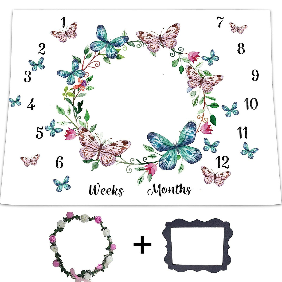 LUCKBTY Monthly Baby Milestone Blanket | Butterfly Photography Blanket with Floral Wreath & Frame Newborn Nursery Swaddle Toddler Blanket 48"x40" BTZDLU139