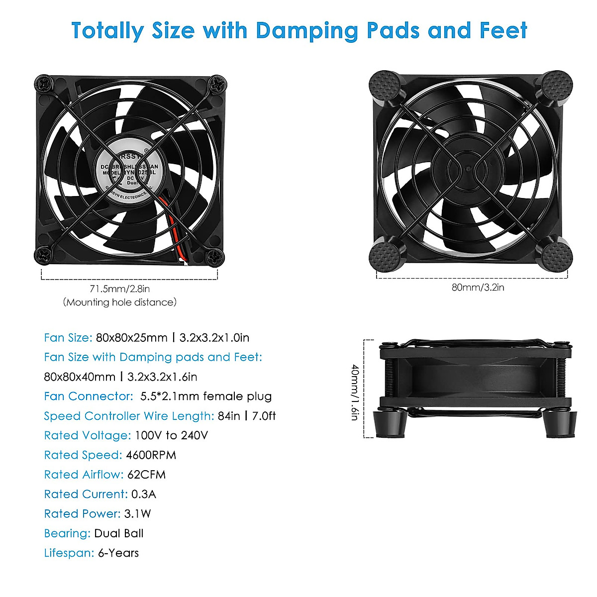 Qirssyn 80mm x 25mm Computer Fan with AC Plug 100V - 240V Variable Speed Fan for Receiver Xbox DVR Playstation Component Cooling