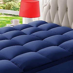 BedLuxury Full XL Mattress Topper Extra Thick Cooling Mattress Cover Pad for Back Pain Quilted Pillow Top Protector Plush Soft with 8-21 Inch Deep Pocket - Navy Blue