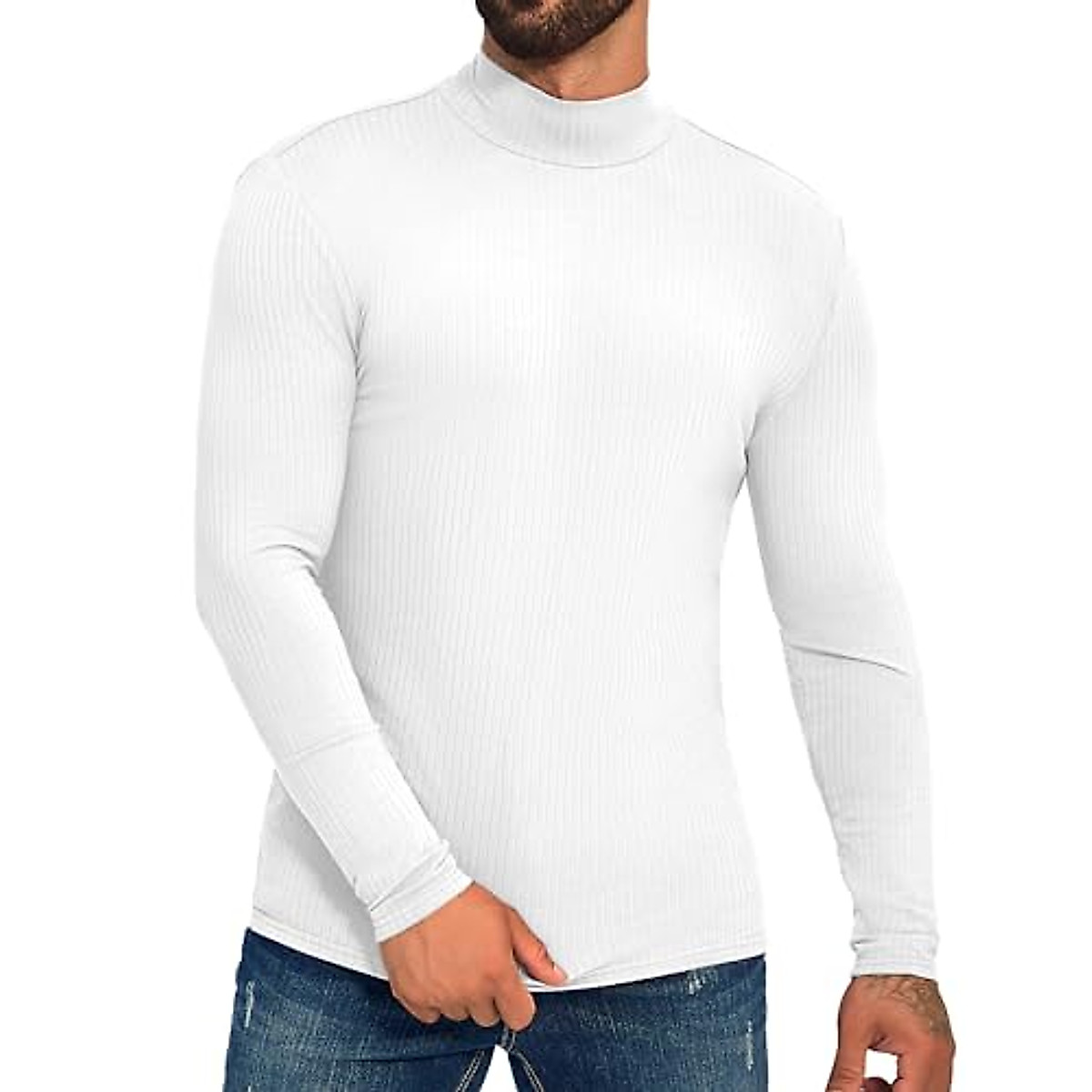 ZAFUL Mens Long Sleeve Mock Turtleneck T-Shirts Casual Thermal Pullover Top Slim Fit Stretch Basic Undershirt White M