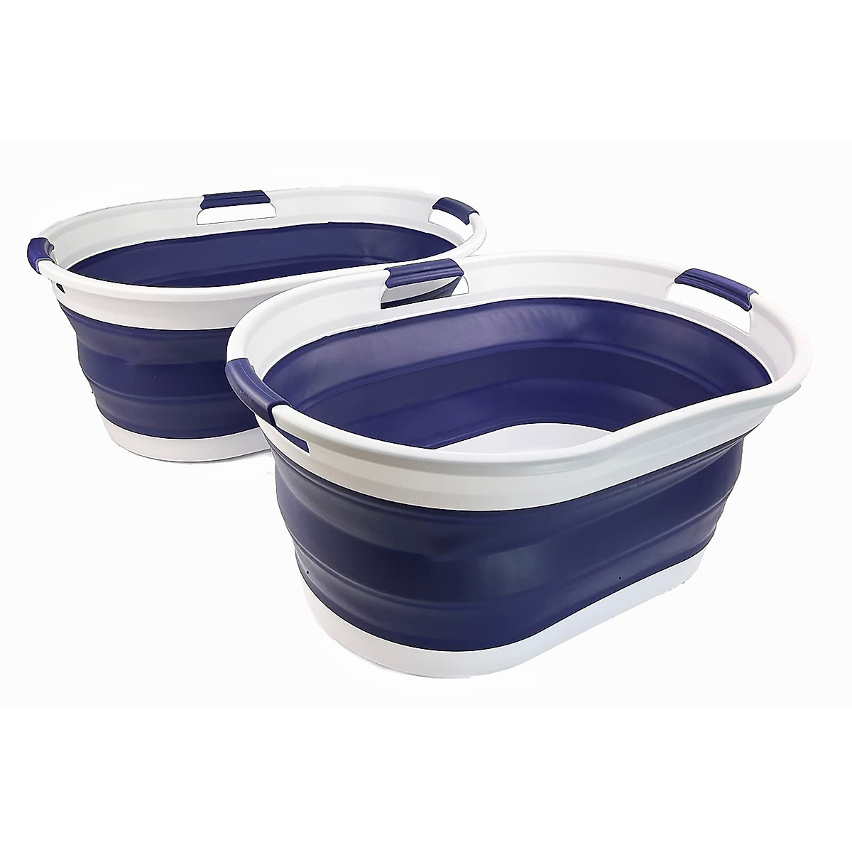 SAMMART Set of 2 Collapsible 3 Handled Plastic Laundry Basket-Oval Tub/Basket-Foldable Storage Container/Organizer-Portable Washing Tub-Space Saving Laundry Hamper (44L Oval-White/Navy Blue)