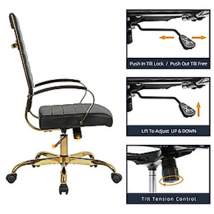 LANDSUN Home Office Chair High Back Executive Chair Ribbed PU Leather Computer Desk Chair with Armrests Soft Padded Adjustable Height Swivel Conference Gold Frame Black