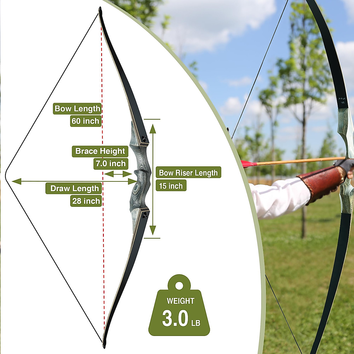 Black Hunter Takedown Longbow, GLURAK 60" Wooden Archery Bow Hunting Bow - Right Hand Bow for Beginner Training Practice, 40lb