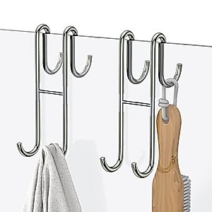 Over Shower Glass Door Hook, 2 Pack Silver 304 Stainless Steel Extended Shower Door Hooks, Bathroom Frameless Drilling-Free Hanger, Double Side Towel Hooks, for Bathing Suits, Robe, Loofah, Shaver