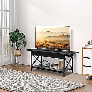 IFANNY Coffee Table, 44" Rectangle Cocktail Table with Storage Shelf, Industrial Accent Table with Metal Frame & Adjustable Foot Pads, Wood Center Table for Living Room, Home Office (Black)