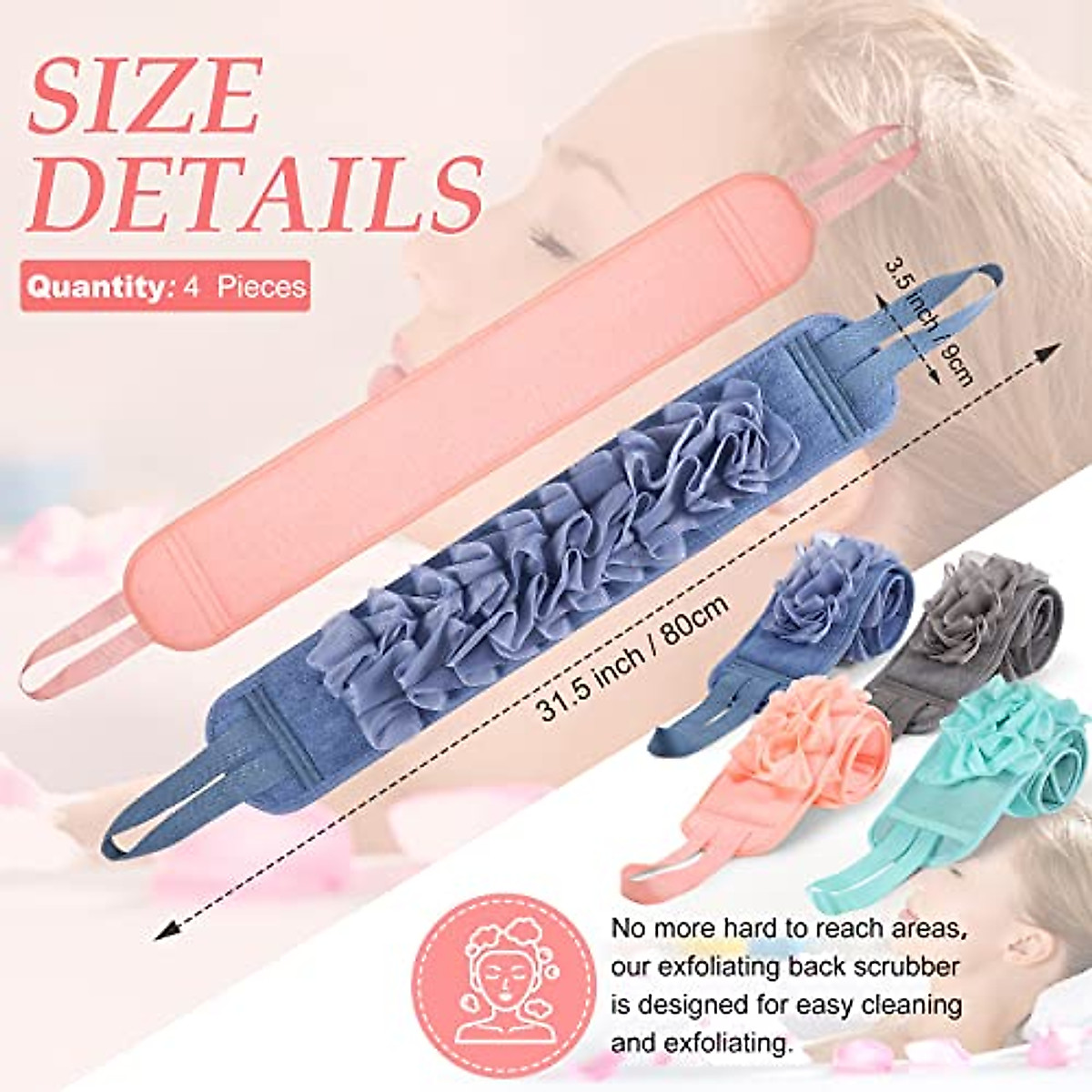 4 Pcs Exfoliating Back Scrubber for Shower Double Sided Exfoliating Cloth with Strap Handle Long Back Scrubber Cloth Body Scrubber Sponge Back Washer Cleaner for Women Men Deep Body Washing, 4 Colors