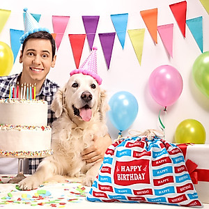 2 Pieces 20×16 inch Large Birthday Drawstring Gift Bag Canvas Gift Bags with Drawstring Printed with Red and Blue Happy Birthday Flags Drawstring Gift Bag for Kids Grandchildren Friends