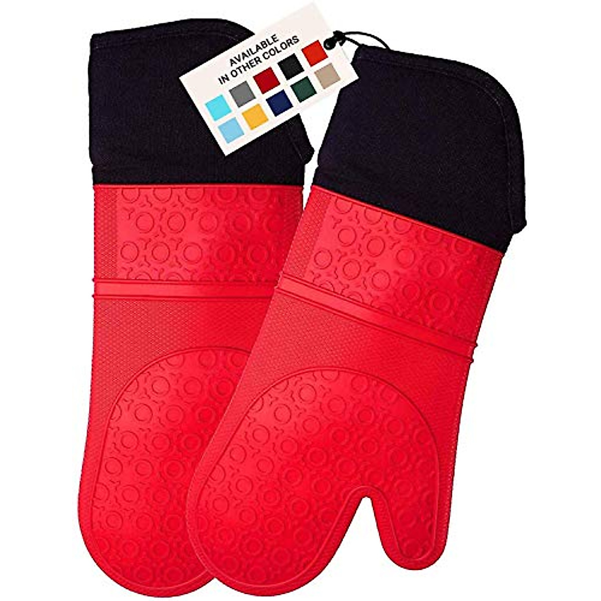 HOMWE Extra Long Professional Silicone Oven Mitt, Oven Mitts with Quilted Liner, Heat Resistant Pot Holders, Flexible Oven Gloves, Red, 1 Pair, 14.7 Inch