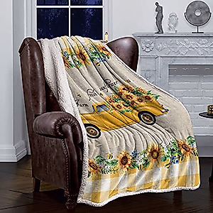 ArneCase Throw Blanket Cozy& Comfy Sherpa Fleece Blankets Yellow Farm Truck Carrying Sunflowers Vintage Style On Yellow Plaid Ultra Soft Fuzzy Plush Blanket for Couch,Sofa,Bed 39x49In