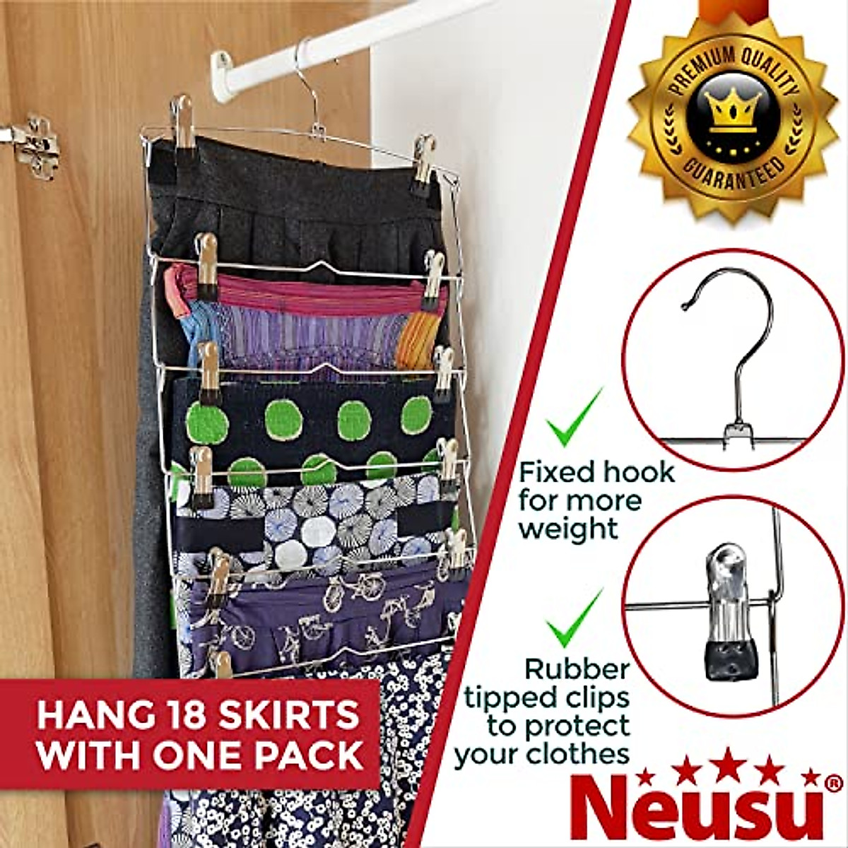 Neusu Space Saving 6 Tier Metal Skirt Hangers - Pack of 3 - Premium Quality Skirt & Pants Hangers with Rubber Coated Adjustable Clips for Women & Men - Hang Skirts, Slacks, Trousers, Jeans