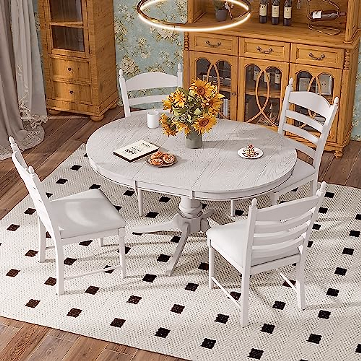 ERYE 5 Pieces Functional Furniture, Retro Style Set Round Extendable Table and 4 Upholstered Chairs for Dining Room & Kitchen Living Space, Brown, Antique White