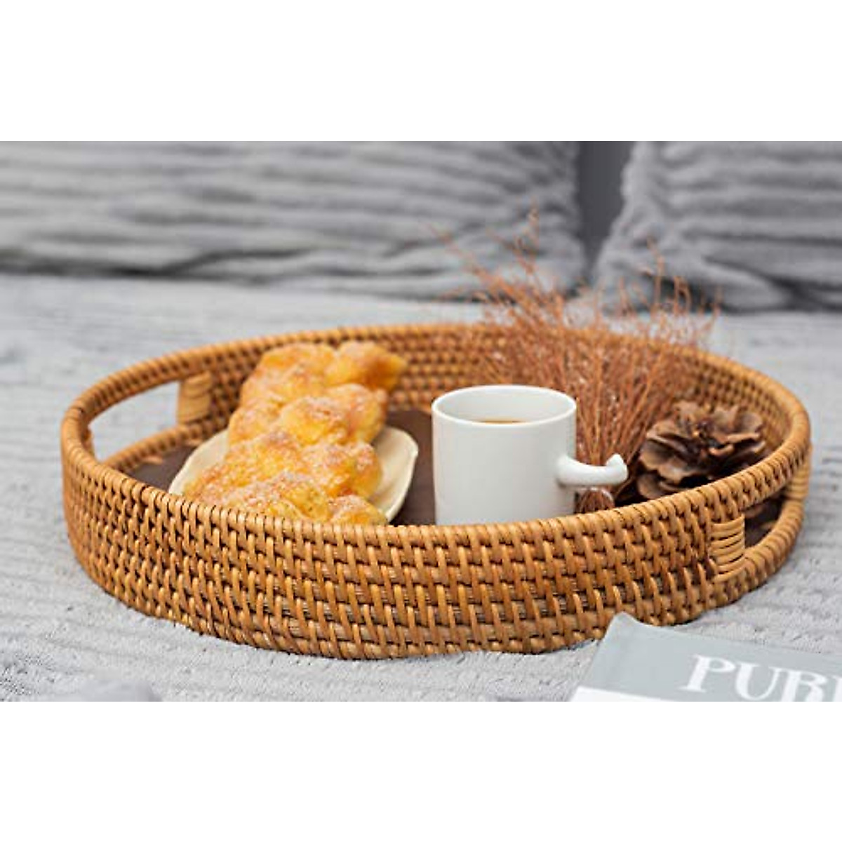 Rattan Decorative Tray with Natural Wood - Coffee Table/ Ottoman Tray - Vanity Tray - Fruit Basket - Serving Tray