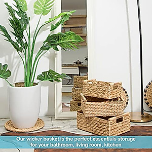 Wicker Baskets for Storage Organizing, Water Hyacinth Storage Baskets Rectangular with Wooden Handles for Shelves, Natural Wicker Storage Basket Bins - Set of Wicker Baskets for Organizing with Handle