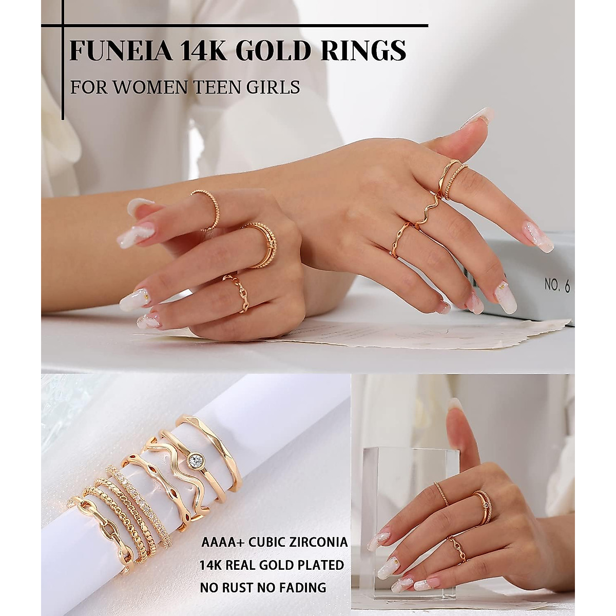 FUNEIA 8PCS 14K Gold Plated Stacking Rings for Women Size 4 to Size 12 Gold Silver Stackable Knuckle Rings Set Simple Thumb Thin Wedding Pain Band Rings