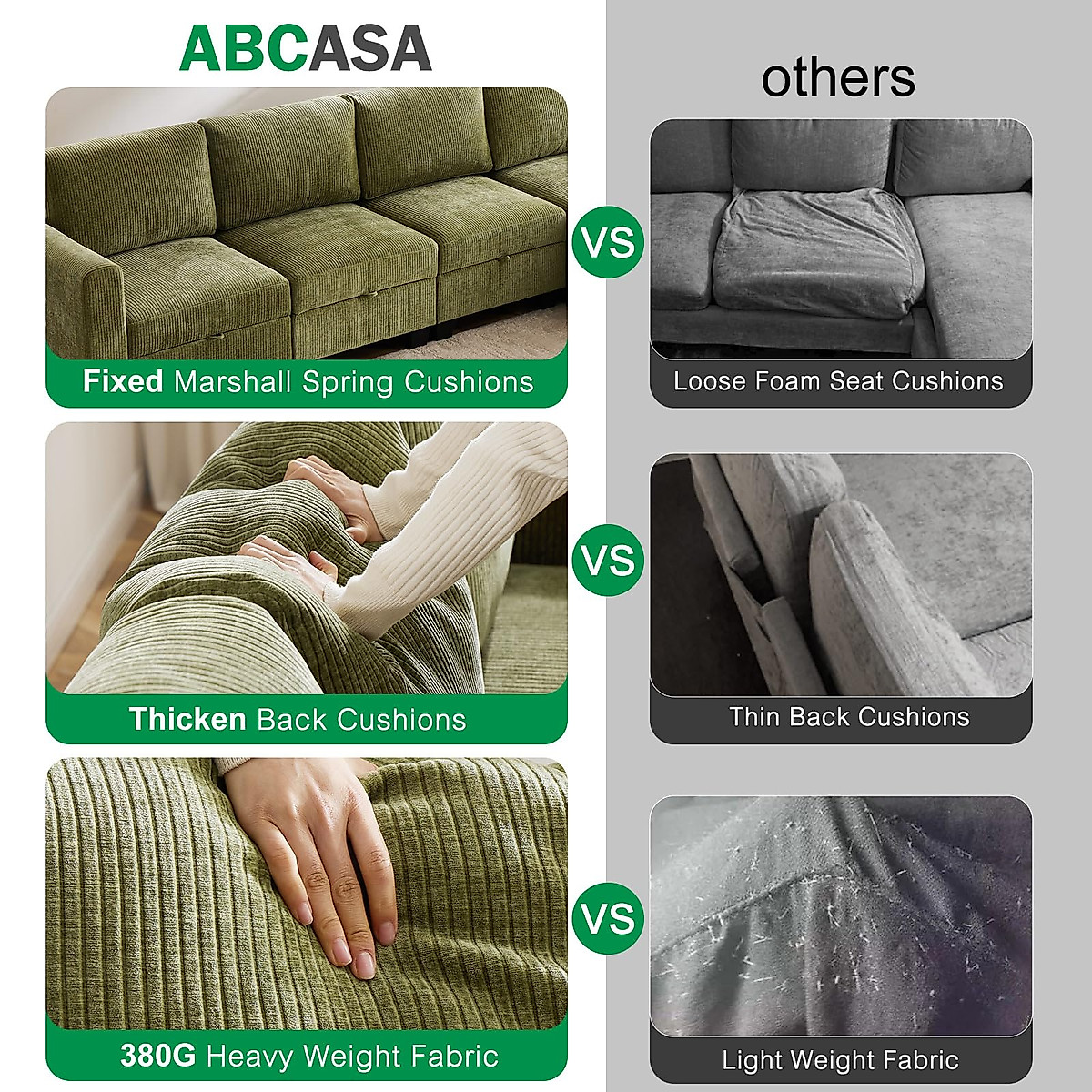 ABCASA Luxury Modular Sectional Sofa w/Storage Seat, 92" U Shaped Modular Couch with Reversible Chaise,5 Seater Sofa for Living Room, Apartment, Compact Spaces - Corduroy Green